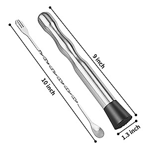 Muddler for Cocktails Bar Spoon - Vaincre 2PCS 9" Muddler and 10” Bar Spoon Cocktail Mixing Spoon, Stainless Steel Cocktail Muddler Long Drink Stirrer Bartender Spoon Cocktail Gifts for Mojitos Drinks