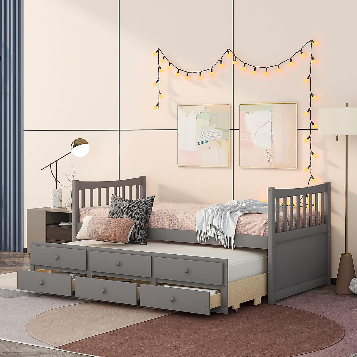 Harper & Bright Designs Twin Captain’s Bed Storage Daybed for Kids Guests Solid Wood Bed with Trundle and Drawers,Gray