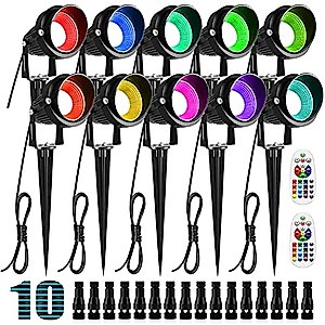 ZUCKEO 10W RGB Color Changing Landscape Lighting LED Low Voltage Landscape Lights with Connectors, Remote Control IP66 Waterproof Yard Lawn Garden Flag Outdoor Spotlights (10Pack with Connectors)