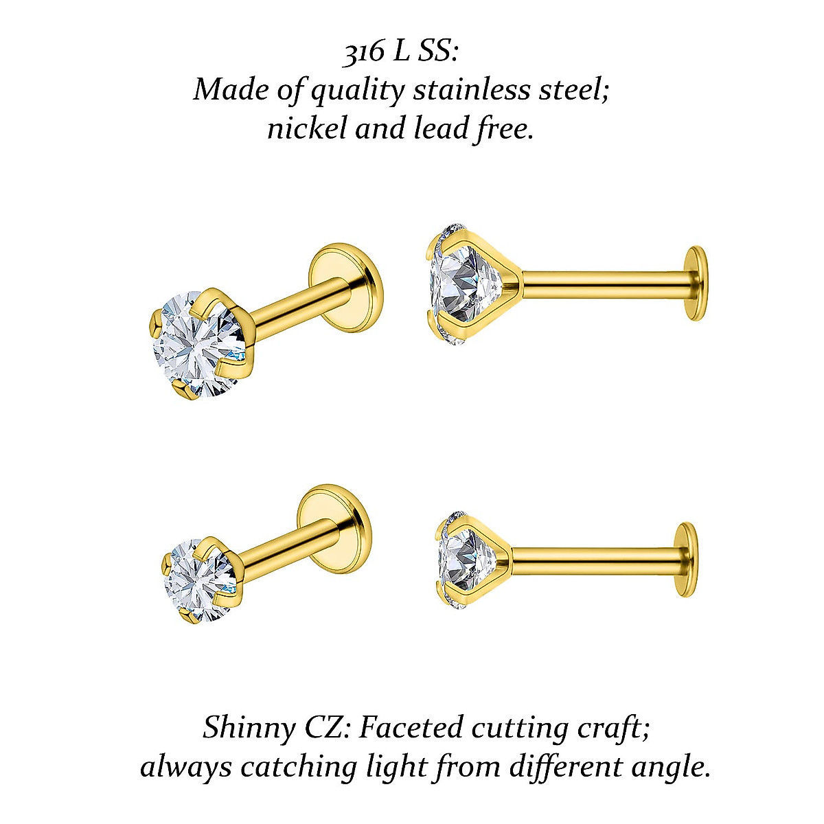 Vsnnsns 16G Lip Rings Stainless Steel Labret Jewelry Monroe Lip Rings Nail Cartilage Tragus Helix Earrings Studs Piercing Jewelry Medusa Piercing Jewelry for Women Men 16 Gauge Earrings 8mm Gold