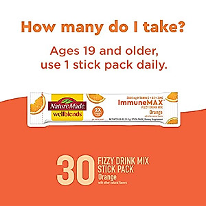 Nature Made Wellblends ImmuneMAX Fizzy Drink Mix, Vitamin C 2000mg with Zinc 20 mg, Vitamin D3 1000 IU (25 mcg), plus Seven B Vitamins and Electrolyte Hydration Blend, 30 Stick Packs