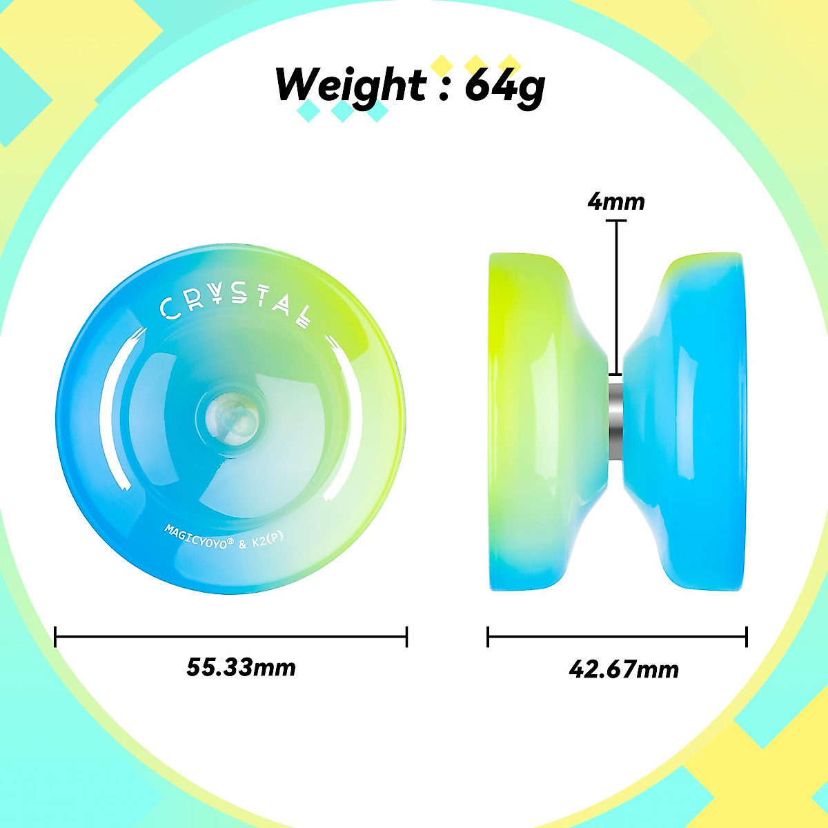Yoyo K2 Crystal - Professional Responsive Yoyo for Kids Beginners, Dual Purpose Yo-Yo for Advanced + Extra Unresponsive Yo Yo Bearing + 12 Yoyo Strings+Storage Bag + Removal Tool ( SkyBlue Yellow)