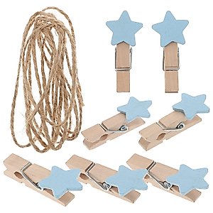 HEALLILY 100pcs Mini Wooden Clothespins Star Shape Wall Hanging Photo Clips Picture Pegs Craft Clips with Hemp Rope Blue