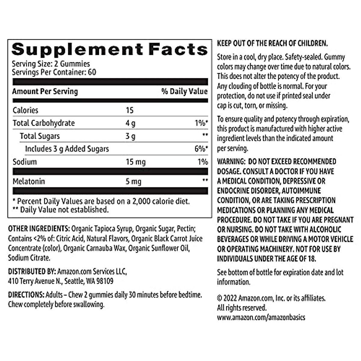 Amazon Basics Melatonin 5mg, 120 Gummies (2 per Serving), Strawberry (Previously Solimo)