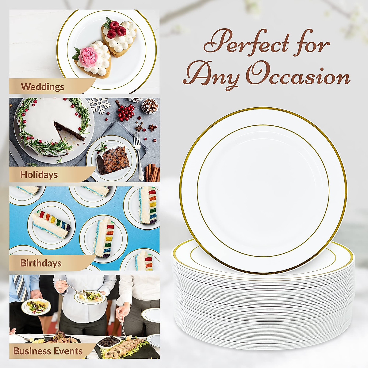 Reli. 50 Pcs Plastic Dessert Plates, Disposable (7.5 inch, White w/Gold Rim) | Small Plates for Party, Heavy Duty | Hard Plastic, for Dessert, Wedding, Birthday, Salad/Appetizer (7.5")