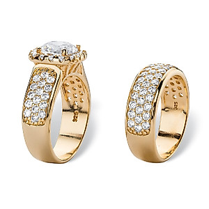 PalmBeach Yellow Gold-plated Sterling Silver Round Cubic Zirconia Pave Halo Bridal Ring Set Sizes 6-10 Size 6