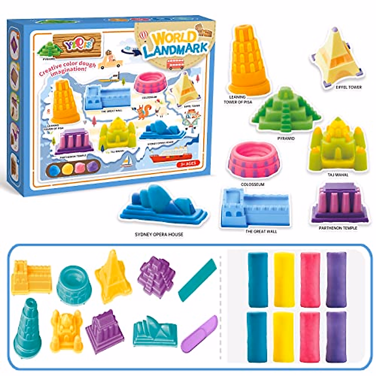 Yiqis Dough and Play Sand & Air Dry Clay Molding Toys and Tools Kits Sets for Kids Ages 4-8,18PCS, Includes 8 World Landmarks Building Molds,2 Cutter Tools,8 Dough Colors