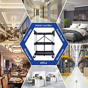 UNICOO Foldable Plastic Utility Cart, Heavy Duty, 3-Tier Rolling Service Cart with Lockable & Silent Wheels, Anti-Rust & Easy Clean for Restaurant, Office, Garage & More, 25.6x15.7x33.5 (Black)