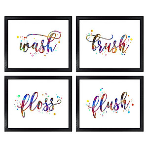 Dignovel Studios Unframed (Set of 4) 8X10 Watercolor Bathroom Sign Print Quotes Print Wash Brush Floss Flush Funny Bathroom Decor dnc11