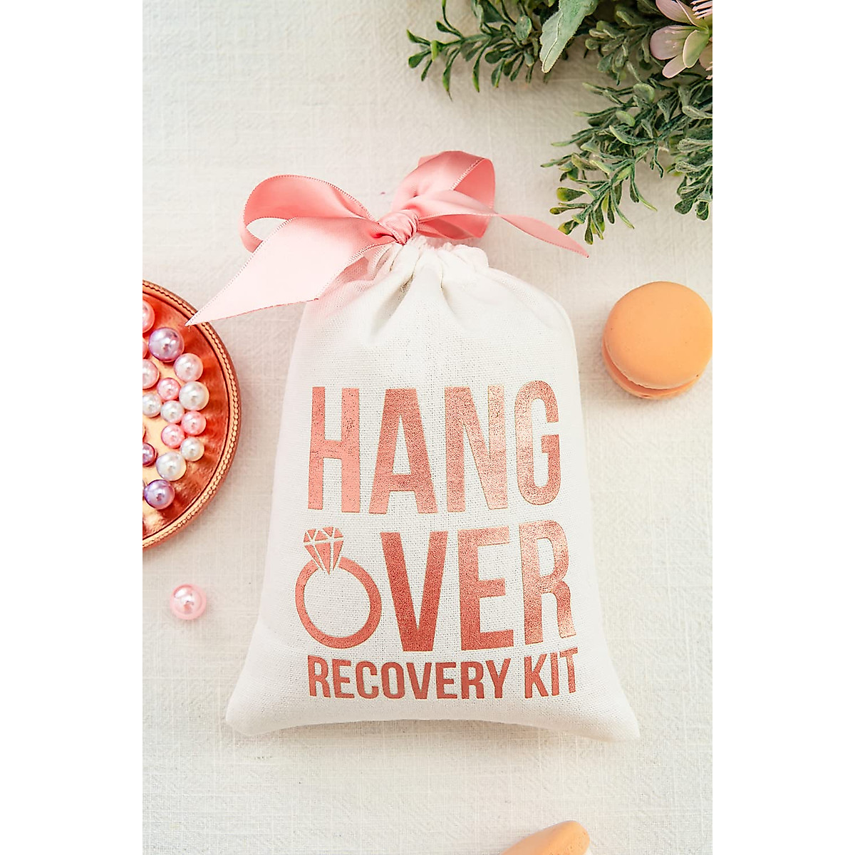 MEJOY 10pcs Wedding Party Favor Bags,Rose Gold Foil Gift Bags,HANGOVER Bags, Hangover Kit Bags for Bridal Shower Bachelorette Recovery Kit Bags Cotton Muslin Drawstring Bag (ROSE RING, 5"x7")