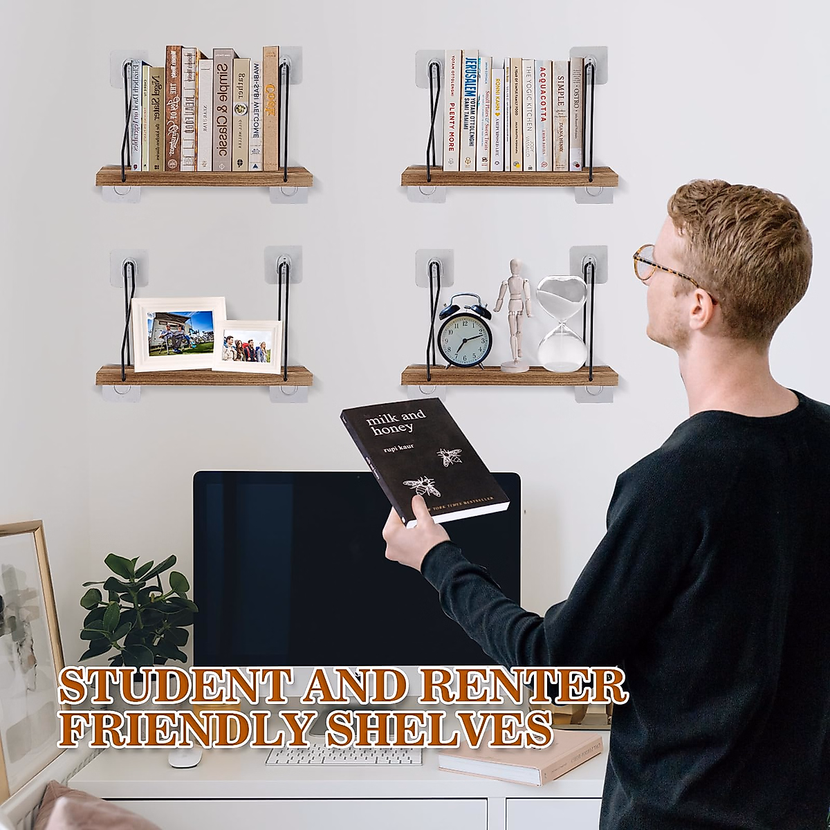 CONDRA FIELD No Drill Shelf,3 Pack Upgrade Floating Shelves with 3 Installation Options,Students and Renter Friendly Wall Hanging Shelves,Perfect for Dorm,Bathroom,Kitchen,Living Room.