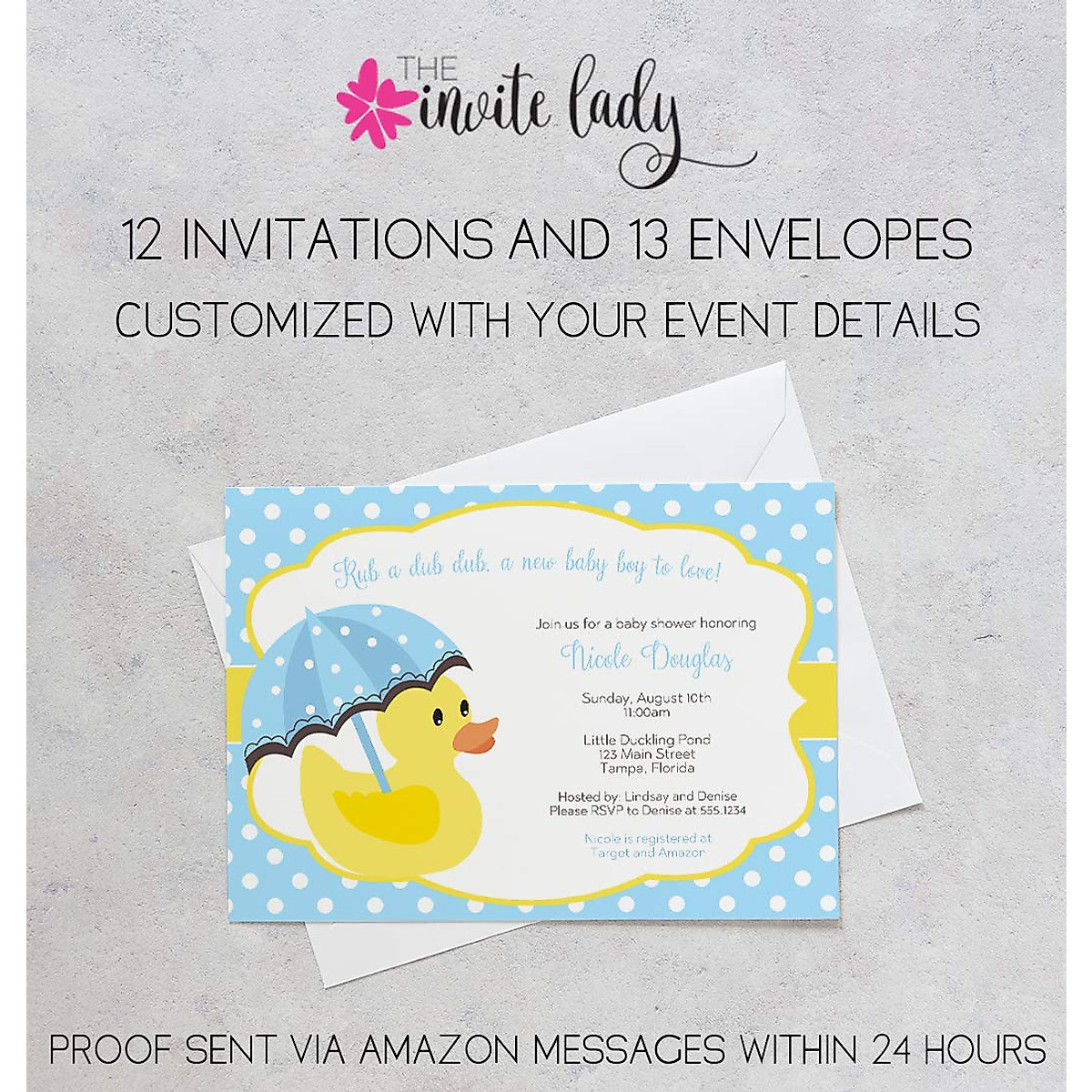 Rubber Ducky Baby Shower Invitations Duck Theme Customizable Invitations For Boy Polka Dots Blue Yellow Sprinkle Personalized (12 Count)