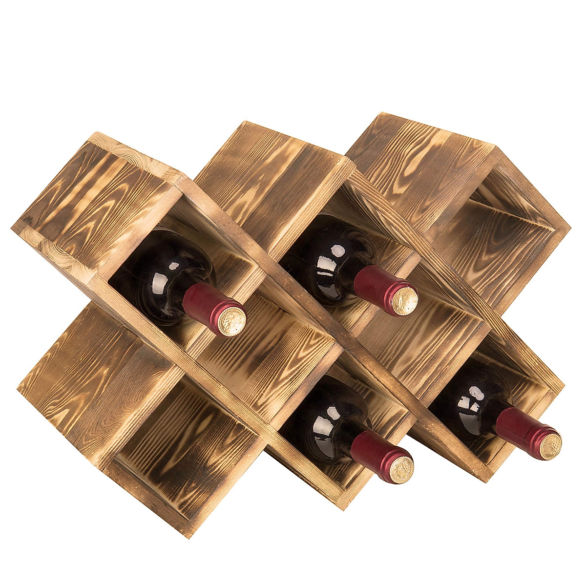 MyGift Vintage Gray Solid Wood Tabletop Wine Bottle Holder Rack with Geometric Cross Hatch Design, Vertical or Horizontal Display, Holds up to 8 Bottles