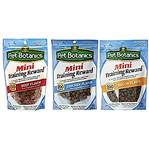 Pet Botanics Mini Training Rewards for Dogs 3 Flavor Variety Bundle: (1) Bacon, (1) Chicken and (1) Beef, 4 Oz Ea (200 Count per Bag, 3 Bags Total)