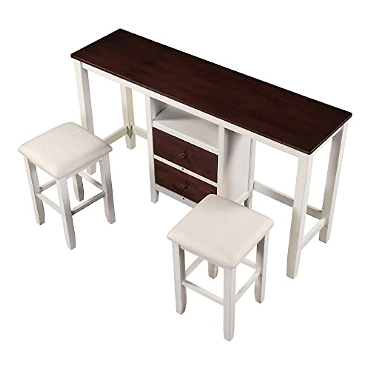 JIVOIT 3-Piece Counter Height Dining Table Set with 2 Storage Drawers and 2 Upholstered Stools, Open Shelve, Farmhouse Rustic Wooden Bar Set Bistro Dining Set (Brown+White with 2 Stools)