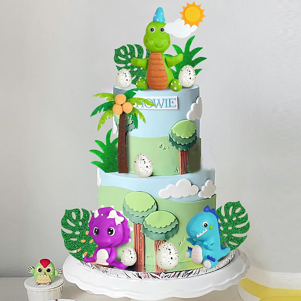 Dinosaur Cake Toppers Clay Dinosaurs Palm Leaves Dinosaur Eggs for Boy Girl Kid Birthday Baby Shower Dinosaur Theme Jungle Party Supplies (Multicolor)