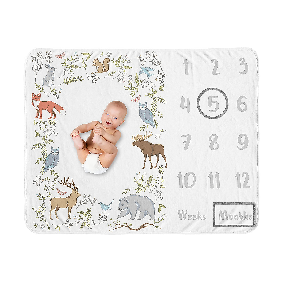 Sweet Jojo Designs Woodland Animal Toile Boy Girl Milestone Blanket Monthly Newborn First Year Growth Mat Baby Shower Memory Keepsake Gift Picture -Grey Green Brown Forest Bear Deer Fox Owl Bunny Bird