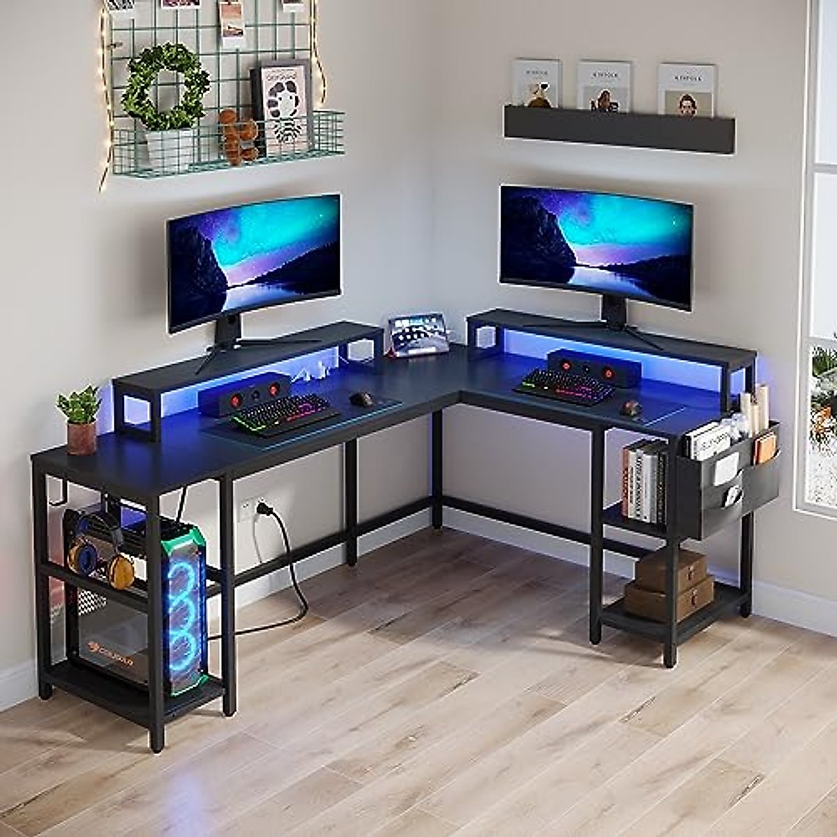 Gyfimoie L Shaped Desk with Power Outlet and LED Strip, 94'' Reversible Corner Computer Gaming Desk with Monitor Stand and Shelves, 2 Person Home Office Desk with Storage Bag and Hooks (Black)