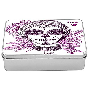 Ambesonne Day of the Dead Metal Box, Illustration Gothic Vampire Like Face Skull Flowers Image, Multi-Purpose Rectangular Tin Box Container with Lid, 7.2" X 4.7" X 2.2", Violet Purple