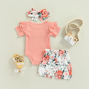 Newborn Baby Girl Auntie Outfits Auntie's Bestie Short Sleeve Ribbed Romper Floral Shorts Clothes with Headband (A-Pink, 3-6 Months)