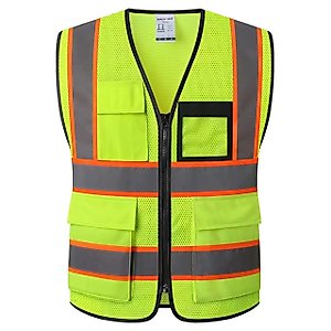 HATAUNKI High Visibility Reflection Yellow Mesh Safety Vests with 8 Pockets and Front Zipper, hi vis safety vest for Men and Women, Meets ANSI/ISEA Standards(Yellow-07,X-Large)
