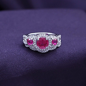 GEMVIO Collection Three Stone Ring, Round Cut Lab Created Ruby Gemstone & Natural Diamond Halo Bridal Set Engagement Ring In 14K White Gold Over Sterling Silver Wedding Band Ring-8