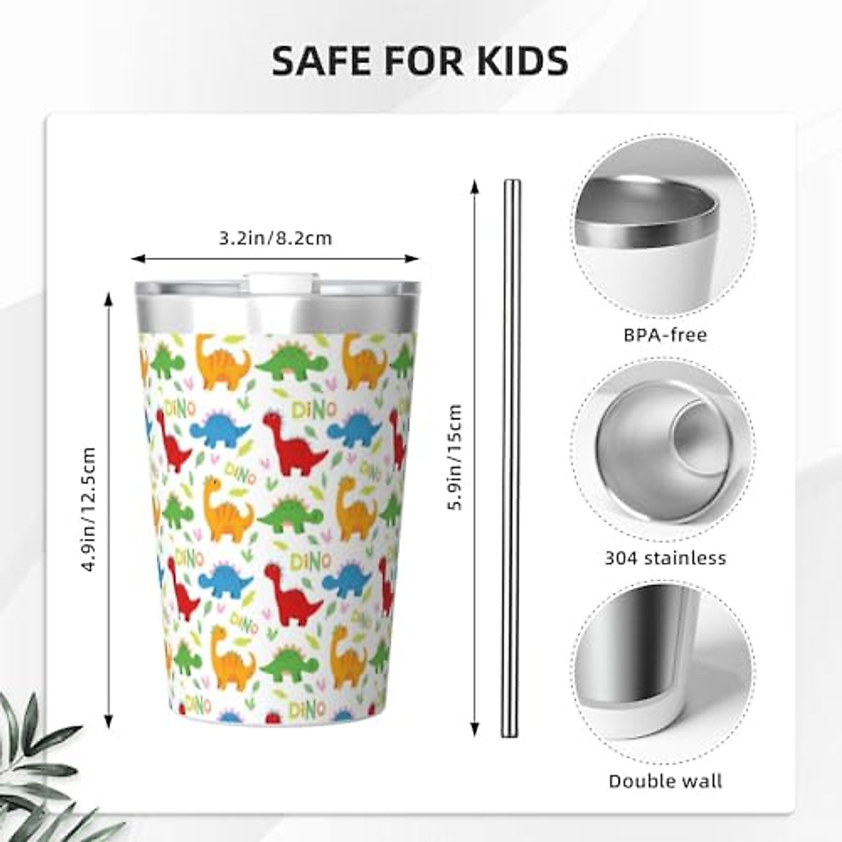 Colorful Cute Dinosaur Animal Lover Gifts - 12 oz Tumbler Stainless Steel Vacuum Insulated with Lid Travel Coffee Mug Tumbler Tea Cup