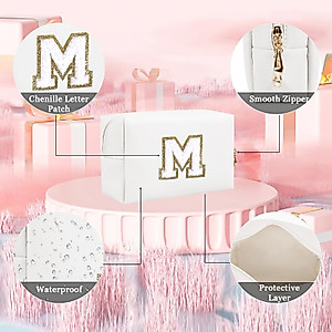 HENGNI Small Personalized Letter Makeup Bag, Cute PU Leather Chenille Letters Cosmetic Bag Travel Makeup Pouch, Preppy Travel Organizer Zipper Pouch for Women&Girls（White-M）