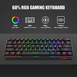 RedThunder 60% Wired Mechanical Gaming Keyboard, 61 Keys Ultra-Compact Keyboard, PBT Keycaps, RGB Backlight for PC (Brown Switch, Black)