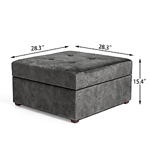 Homebeez Fabric Button Tufted Storage Ottoman Bench, Square Coffee Table Footstool Footrest with Wood Legs for Living Room (Gray)