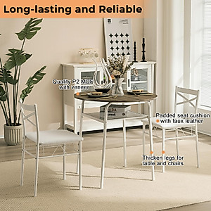 VINGLI 3 Piece Round Dining Set,29.5" Small Dining Table Set for 2,Round Kitchen Table with 2 Chairs Set for Small Space/Dining Room/Apartment,Upholstered Chairs,Metal Frame,Storage Shelf (White)