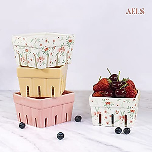 AELS Ceramic Berry Basket, Farmhouse Fruit Bowl Container for Fruit & Vegetables, Farmers Market, Pink Floral Pattern, Kitchen Decor, Stoneware Harvest Bowls, Set of 4