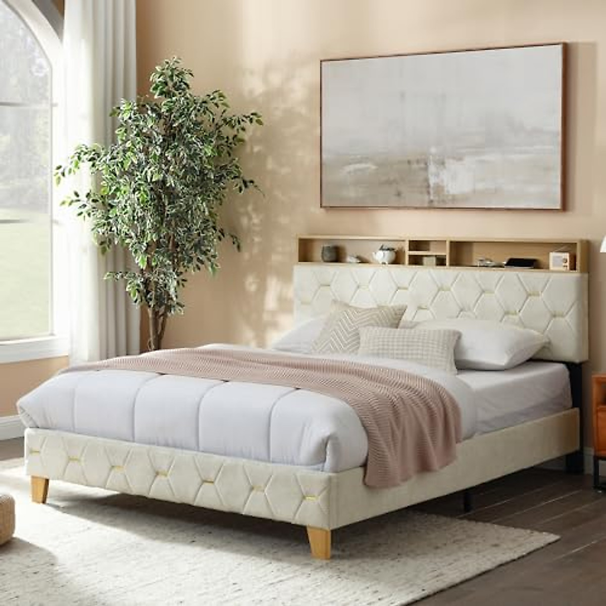 Haplized Queen Size Bed Frame with Storage, Shelf Upholstered Headboard, Platform Bed with Outlet & USB Ports, Wood Legs, No Box Spring Needed, Easy Assembly, Beige