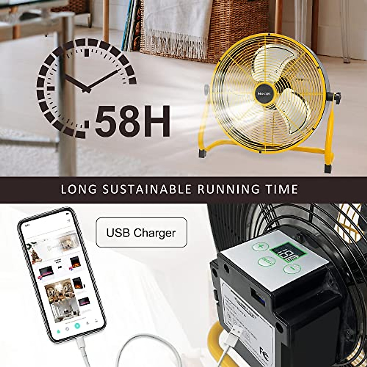 MOCIFI 12 Inch High Velocity Rechargeable Floor Fan with Metal Blade 12-Speed Portable Powered Operated Fan for Home, Travel, Commercial, Residential, Outdoor Indoor Use, Yellow