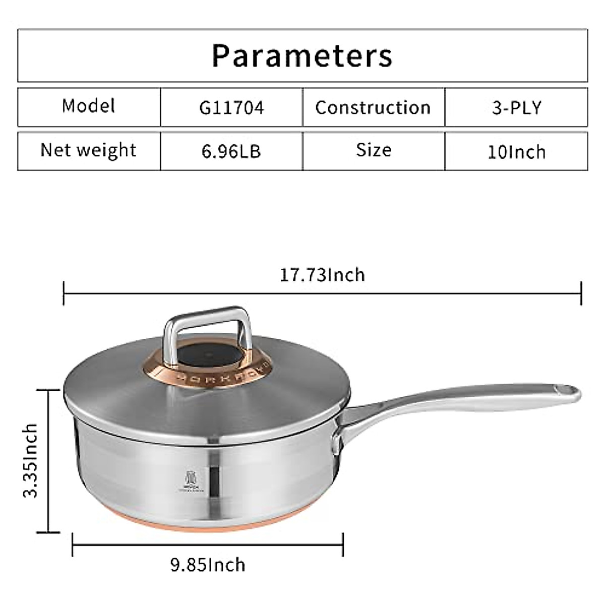 RD ROYDX Stainless Steel Deep Saute Pan With lid Copper Core 10 Inch Tri-ply Impact-bonded Base Technology Frying Pans for Cooking