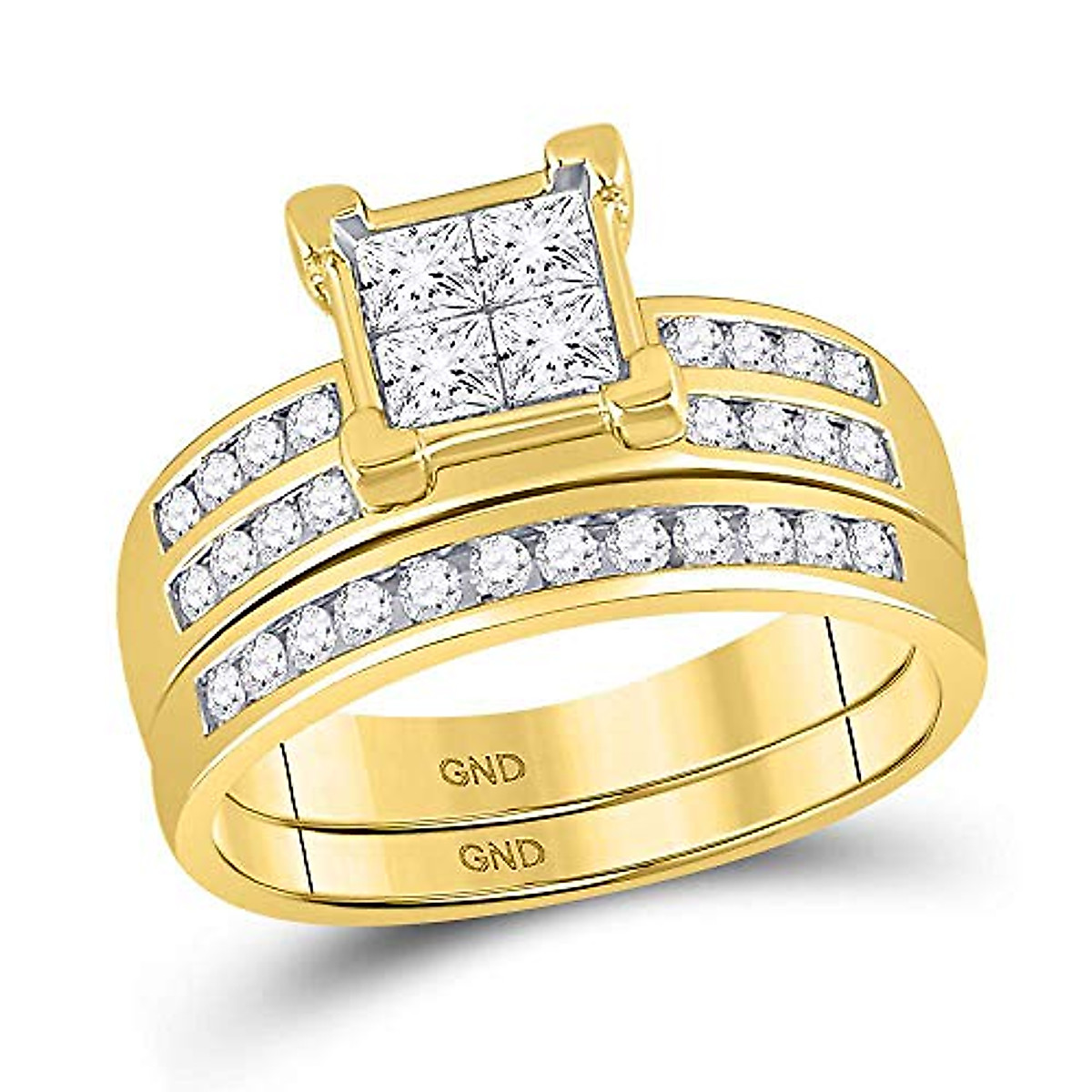 Solid 10k Yellow Gold His and Hers Princess Cut Diamond Cluster Matching Couple Three Rings Bridal Engagement Ring Wedding Bands Set 1.62 Ct. - (L = 6.5, M = 9)