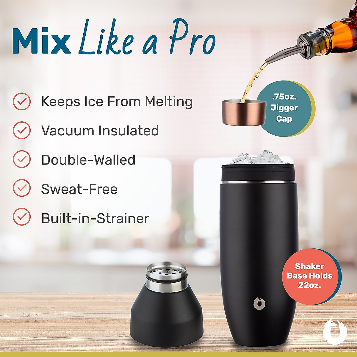 SNOWFOX C90024-01 Premium Vacuum Insulated Stainless Steel Cocktail Shaker - Home Bar Accessories - Elegant Drink Mixer - Leak-Proof Lid With Jigger & Built-In Strainer - 22oz.