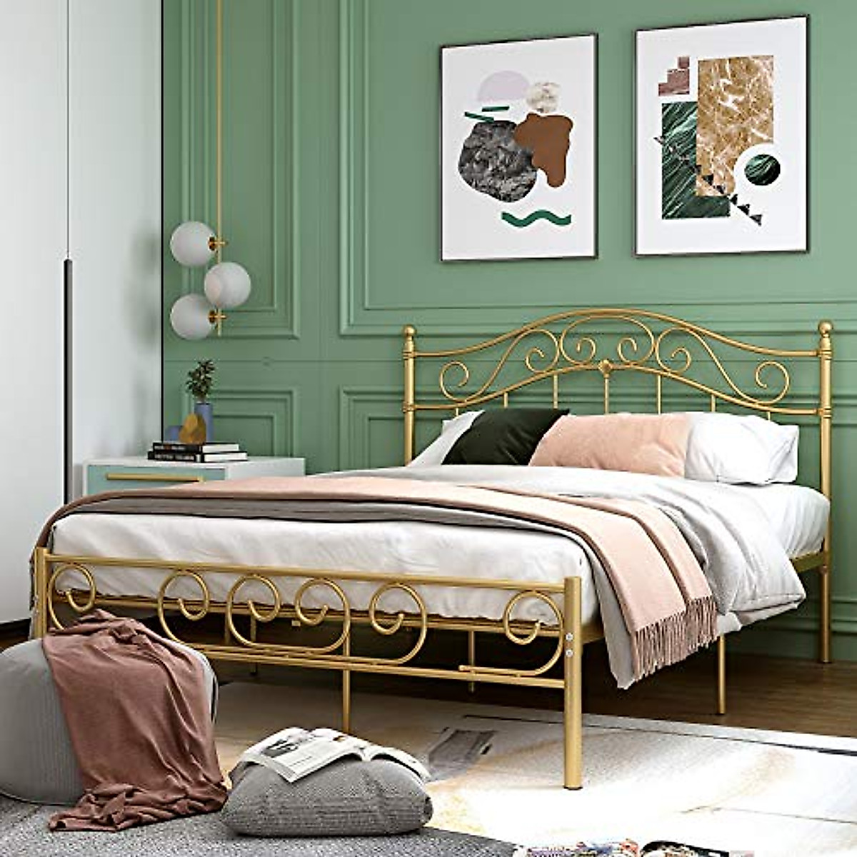 IOTXY King Metal Bed Frame - Gold 12 Inches Complete Bed Platform with Curved Tall Headboard and Shorted Footboard, King-Size Mattress Base Foundation, Garden Style