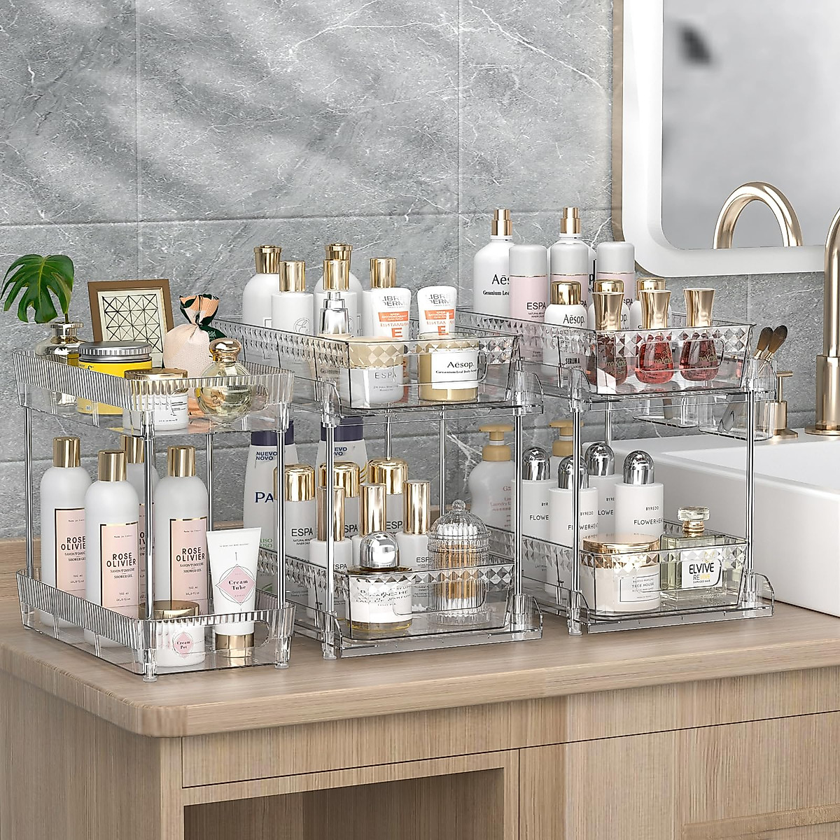 RIKOJUXI 3 Packs 2 Tier Under Sink Organizer with Removable Dividers and Stackable Design, Multi-use Pantry Organizers and Storage, Pull Out Cabinet Organizer Bathroom Counter Organizer