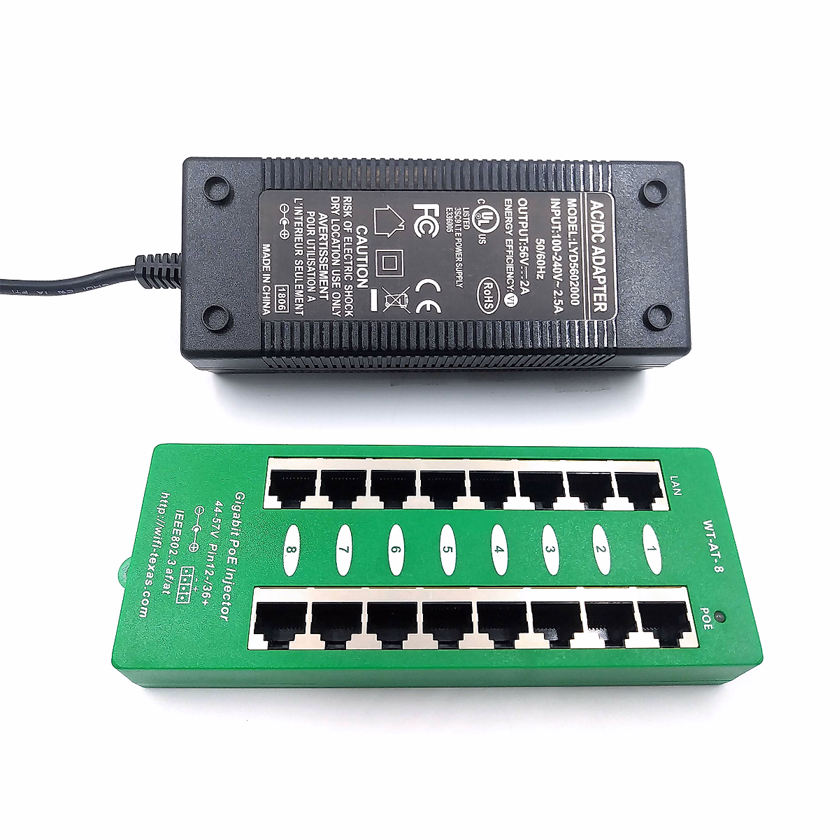 PoE Texas AT-8-56v120w | Gigabit 8 Port Active 802.3at Power Over Ethernet Injector | with 56 Volt 120 Watt Power Supply