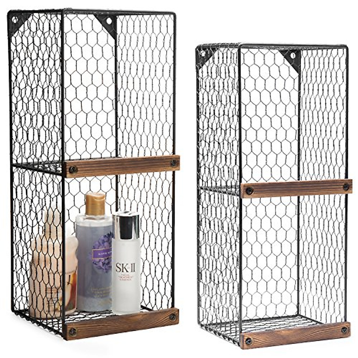 MyGift 2-Tier Black Chicken Wire Metal Hanging Wall Shelves for Storage with Wood Ledges, Farmhouse Freestanding Basket Bins, Set of 2