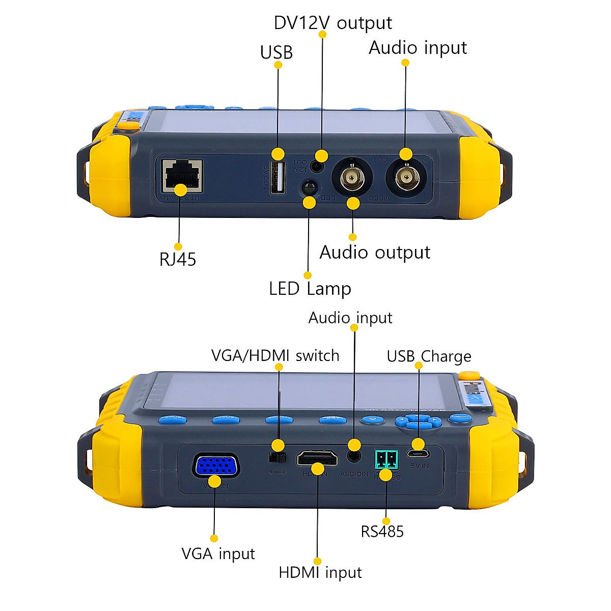 AHD CCTV Monitor Camera Tester IV8W 5 Inch 4-in-1 8MP AHD TVI 8MP CVI CVBS 1080P Coaxial HD Video Testerr Support RS485 PTZ Controller/UTP Cable Test/VGA HDMI Input/DC12V Output