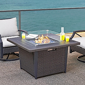 Mazatzal 28IN Square Propane Fire Pit Table 50,000 BTU Small Patio Gas Firepit Table Auto-Ignition Fire Table with Rust-Free Aluminum Tabletop and Weather Cover for Indoor Outside Deck Backyard