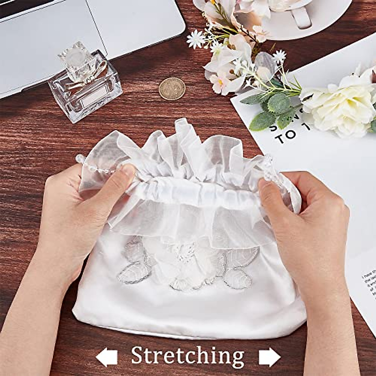 CRASPIRE Wedding Bride Handbag Rose Satin Bridal Wedding Money Bag White Rose Embroidery Silk Drawstring Bag with Pearl for Dollar Dance Bridal Purse Wedding Favor Party