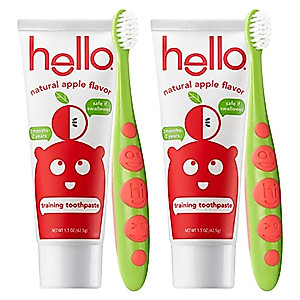 hello Natural Apple Flavored Training Toothpaste and Toddler Bundle, for Kids Age 2 Months to 3 Years, Safe to Swallow for Baby and Infants, Vegan, SLS Free, Gluten Free 4 Piece Set(Pack of 2)