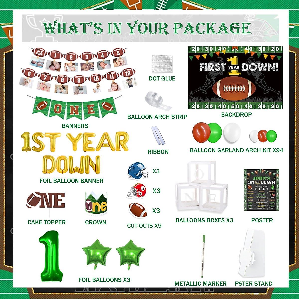 Fiesec First Year Down Football Birthday Party Decorations, Football Touchdown 1st Birthday Decorations Balloon Garland Backdrop Photo Highchair Banner Cake Topper Box Cutout Crown Poster 136 PCs
