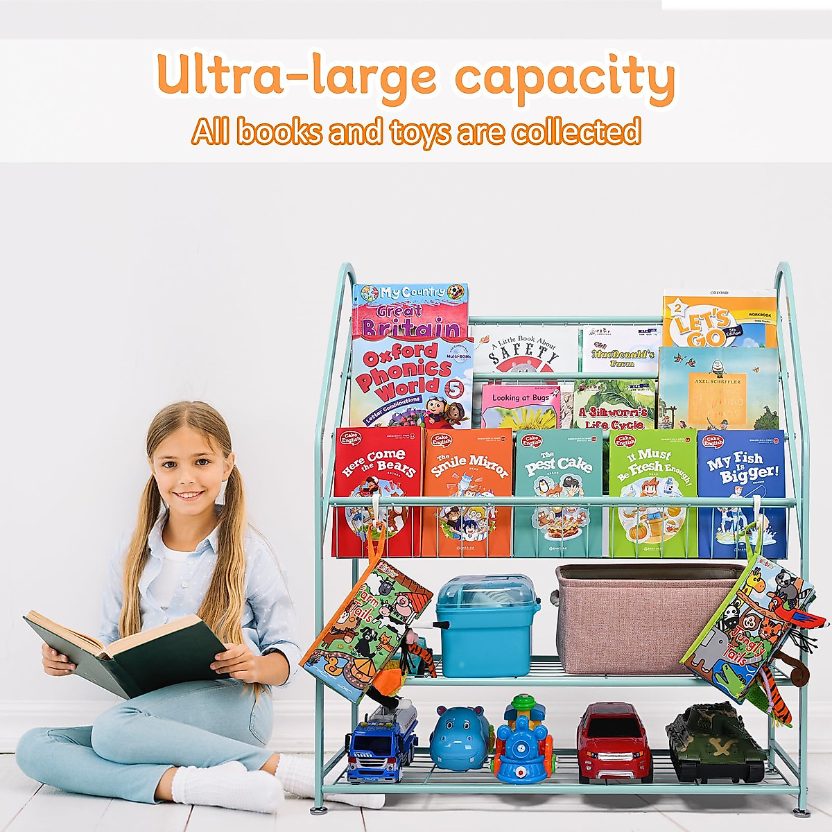 Luwesde Kids Bookshelf Toy Storage, Bookcase Shelf for Children Room, 5-Tier Large Metal Cabinets Shelves Display, Freestanding Books Store Library, Bed Living Room Bins Organizer (Large, Green)