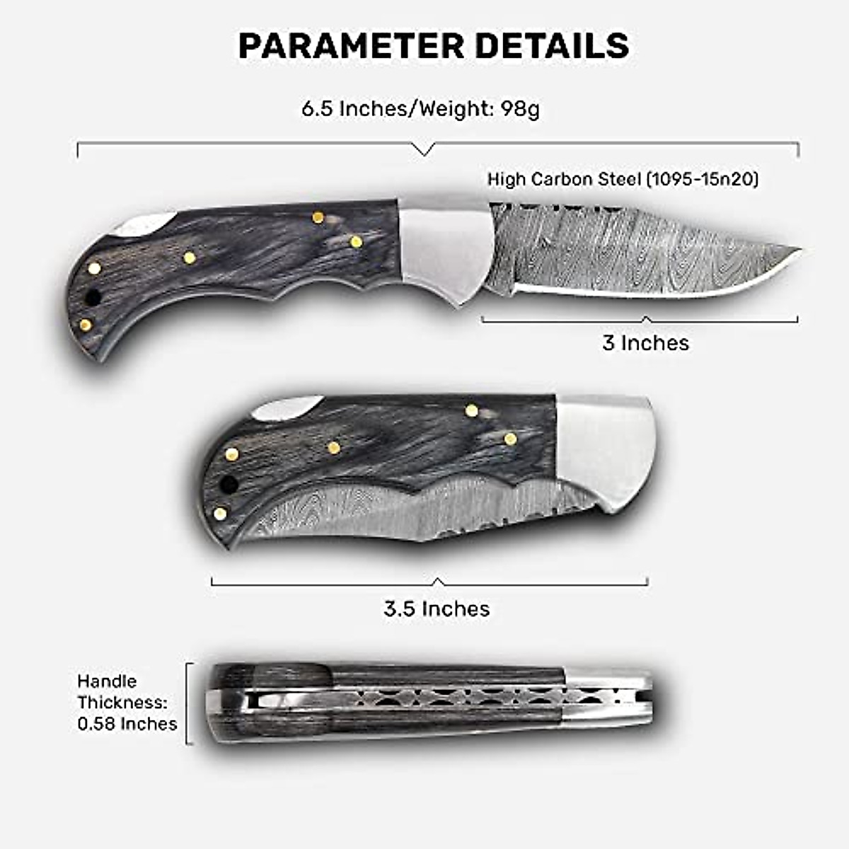KIMPE 6.5" Damascus Pocket Knife with Holster-Folding Knife-EDC Knife-Best Camping Knife & Survival Knife-Pocket Knives for men & Self Defense Knife for Women (Pakka Grey Wood)