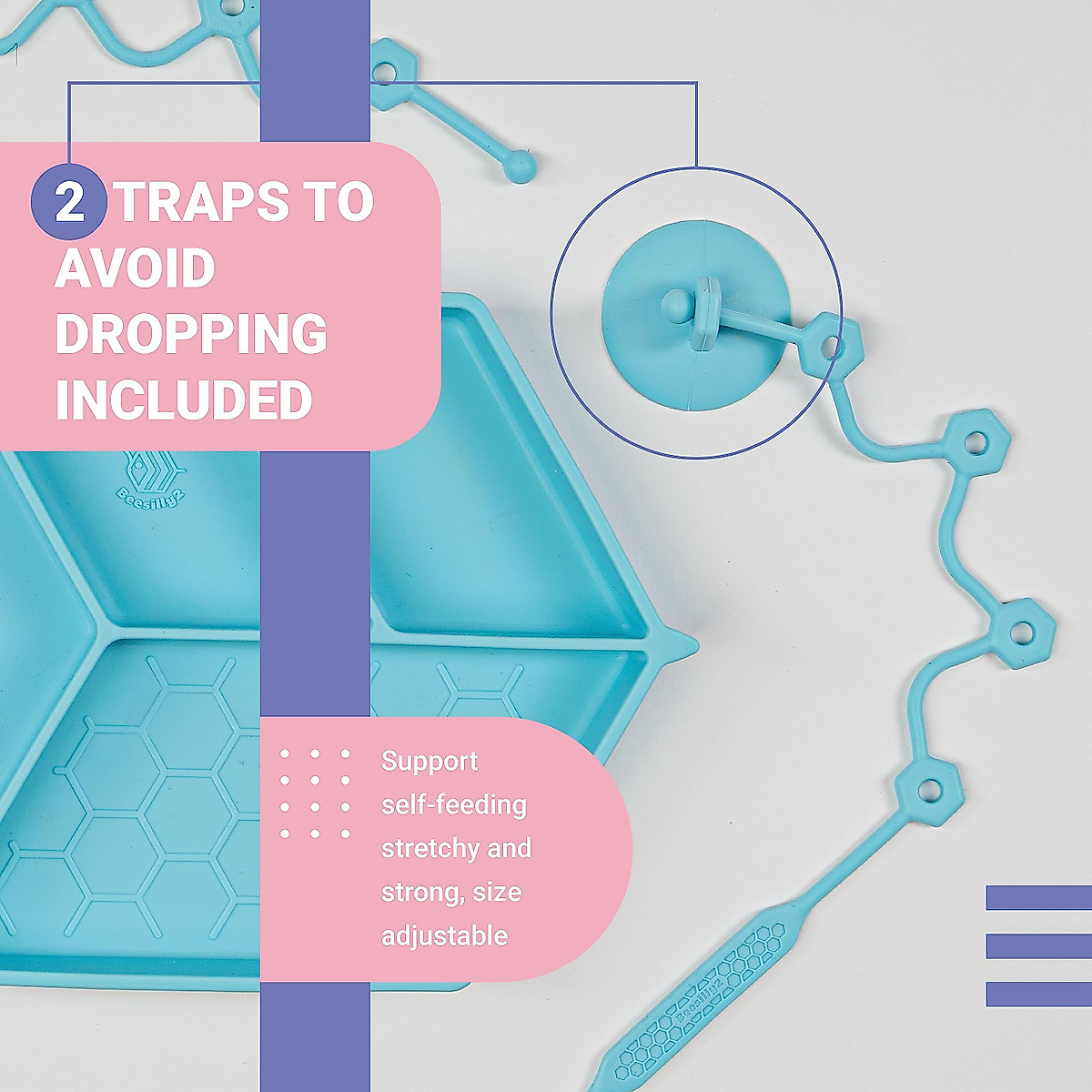 Beesilly2 Silicone Baby Suction plates with Utensil Straps - BPA Free, Microwave and Dishwasher Safe Baby plates with Suction - Single Toddler Plate with Divided Sections (Blue)