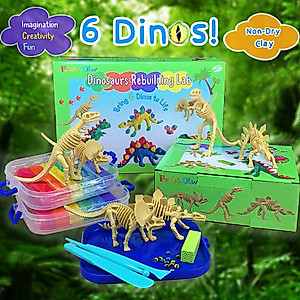 6 Modeling Clay Dinosaurs Crafts - with Silicon Scale Stamp and Non-Dry Modeling Clay - Kids Dinosaur Arts and Crafts for Boys and Girls Age 5-8